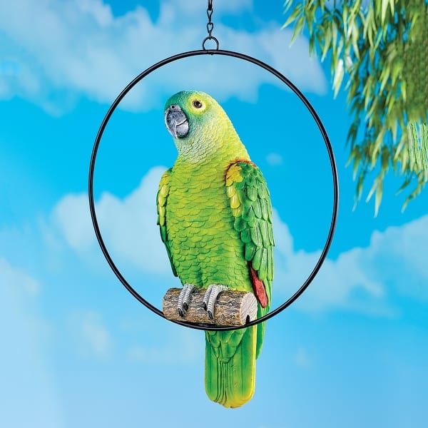 Hand-Painted Hanging Parrot on Swing Outdoor Sculpture - 11.42 x 14.76 ...