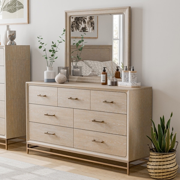 Lena Oak With Mirror 7 Drawer 64 in. Dresser with Mirror