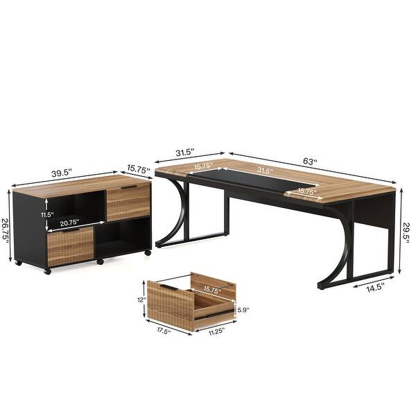 63-inch L-shapped Executive Desk Computer Desks with Wheeled File ...