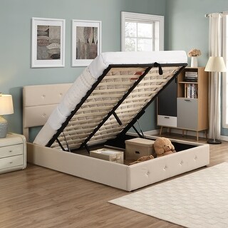Queen Upholstered Platform Bed with Storage: Metal Frame, Tufted ...