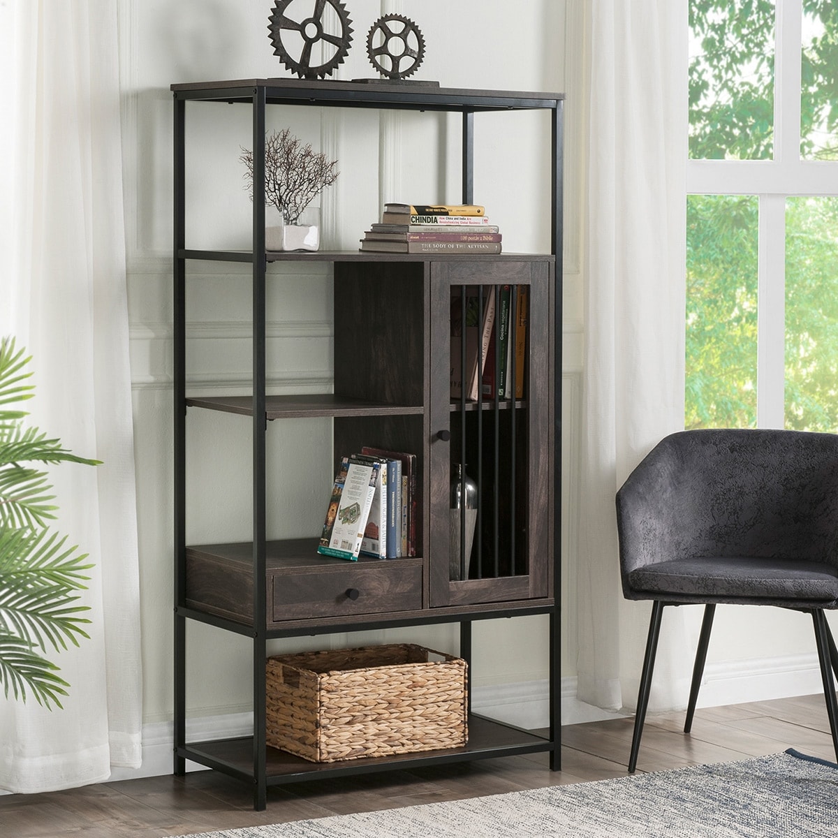 6 Tier Bookshelf with Storage Industrial Book Shelf with Open Display ...