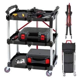 Folding Service Cart, 3-Tier Fold Up Rolling Cart Collapsible Push Cart ...
