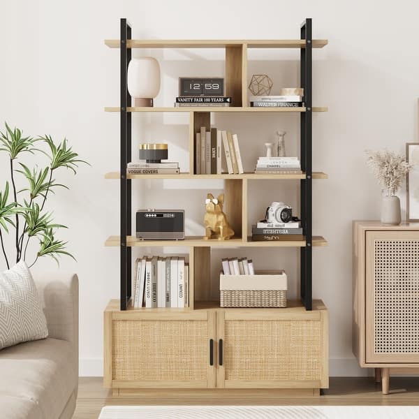 5 Tier Rattan Bookshelf with Storage Cabinet & Door - On Sale - Bed ...