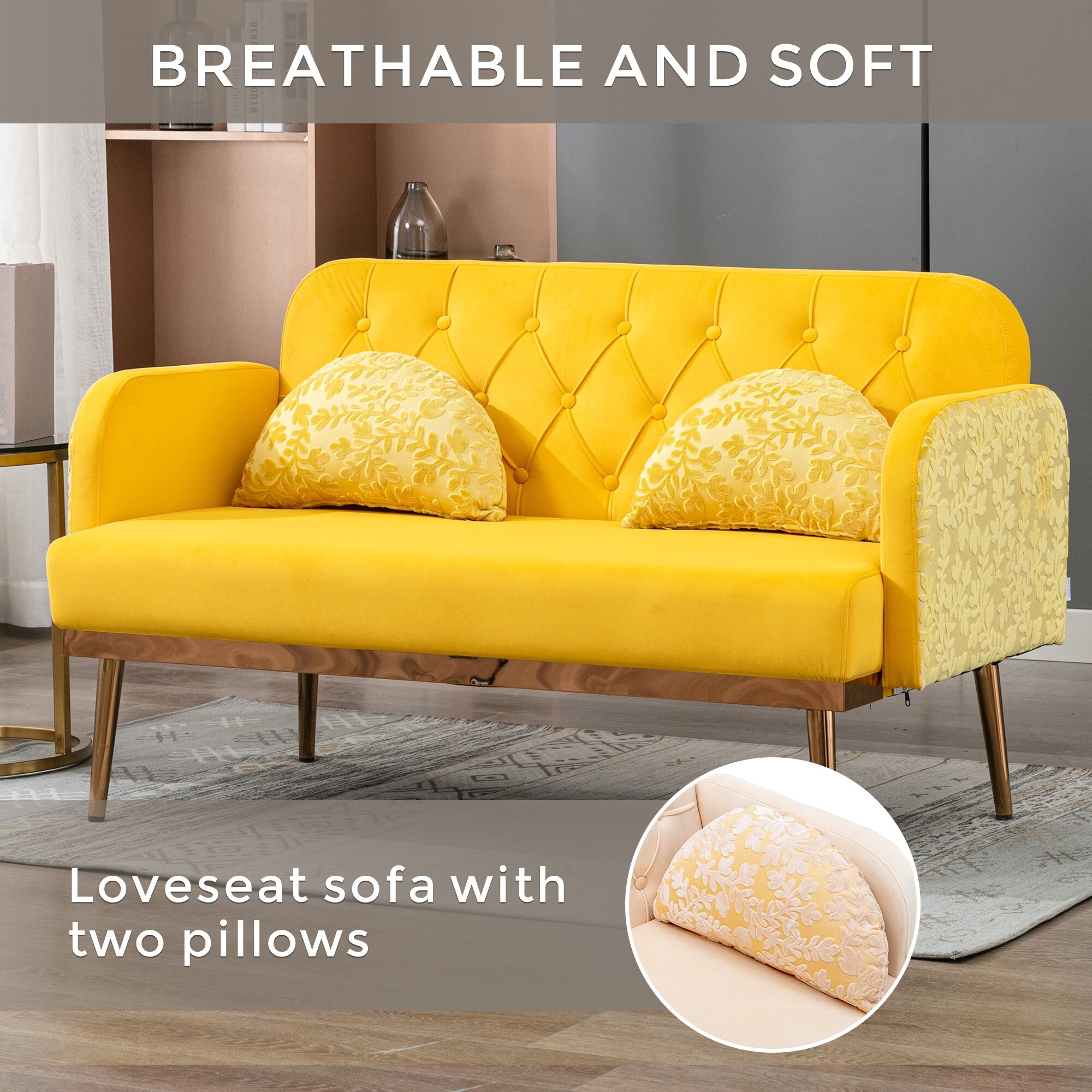 Velvet Loveseat Sofa Yellow Upholstered 2 Seater Sofa with Metal Legs Bed Bath Beyond 41678301