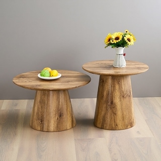 25.6" and 21.6" Round Nested Coffee Table Set with Wood Grain Texture ...