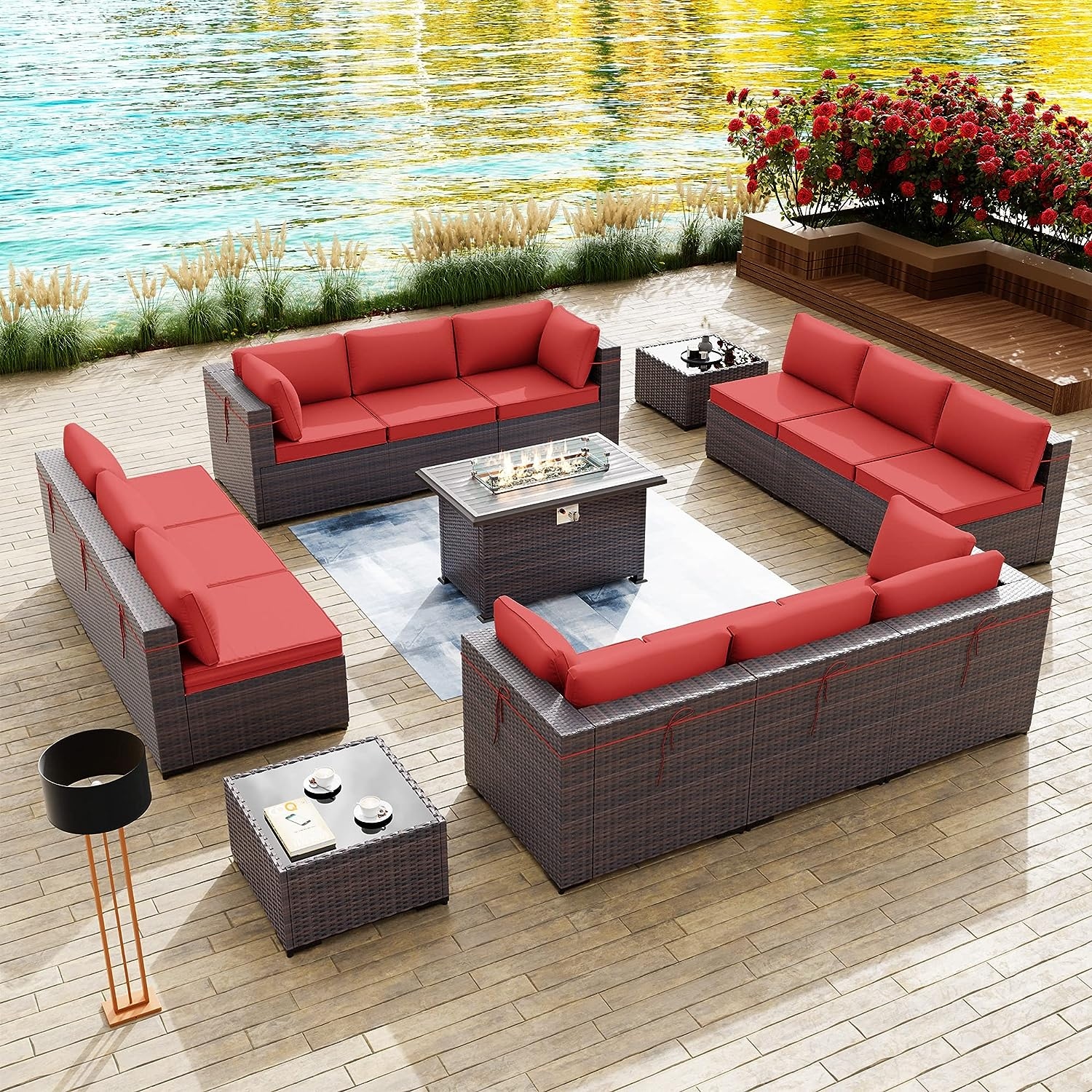 Kullavik 15 Pieces Outdoor Patio Furniture Set with Fire Pit Table Red