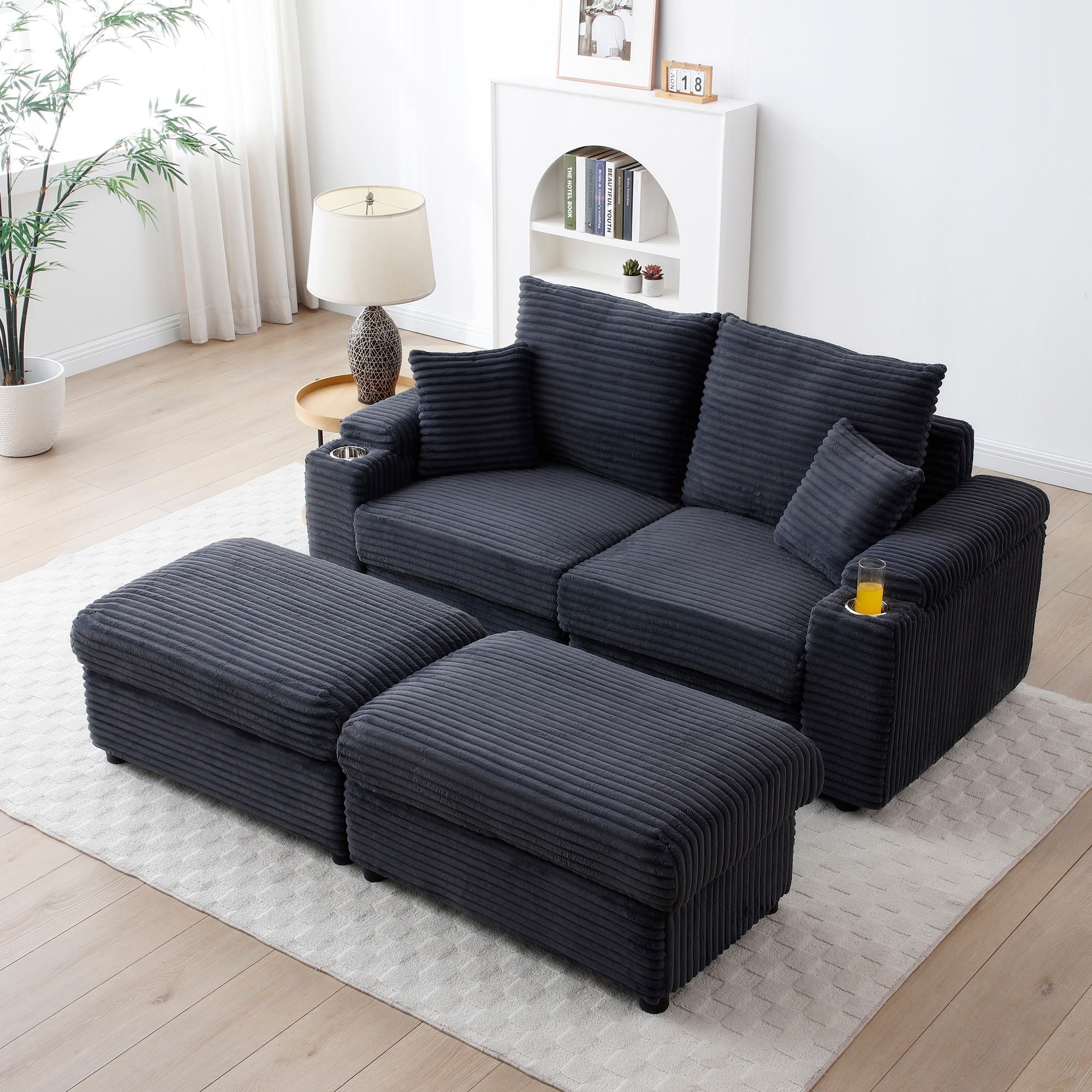 Comfy Modular Loveseat with Two Ottomans Corduroy Fabric Deep Plush Sectional Sofa for Small Spaces Living Room Office Bed Bath Beyond 41649785