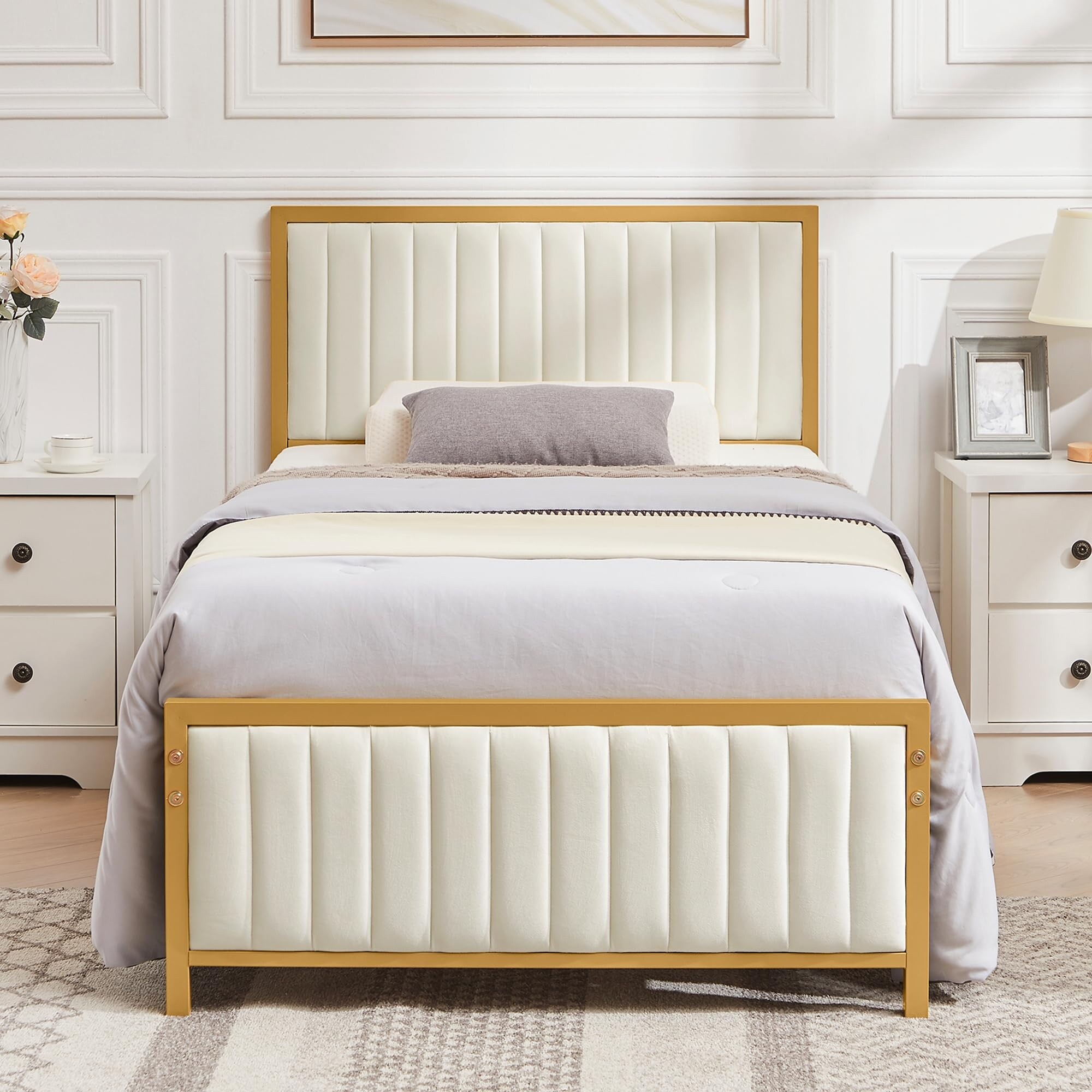 Twin Bed Frame with Upholstered Tufted Headboard & Footboard, Heavy ...
