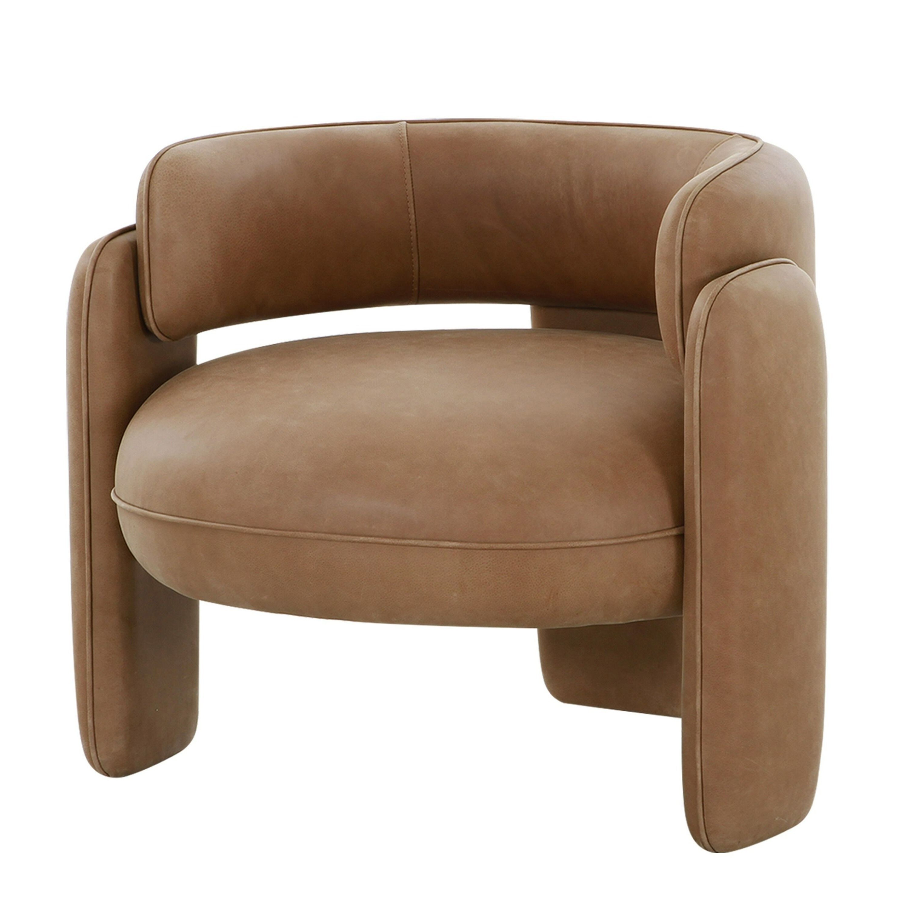 34 Inch Accent Chair Barrel Low Profile Design Brown Genuine Leather