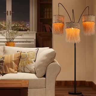 Amber 3-Light 72" Rattan Raffia Arc Floor Lamp in Matte Black ...