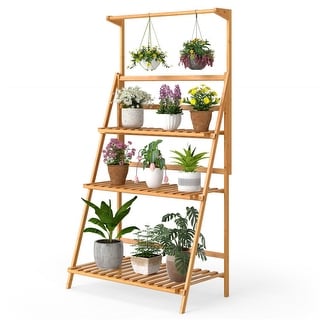 Natural Wicker Plant Stand with 3-Tier Ladder Shelves and Adjustable ...