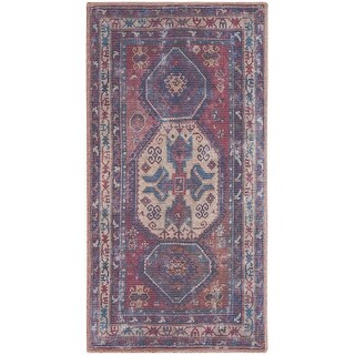 2' X 4' Red And Navy Oriental Power Loom Distressed Washable Area Rug ...