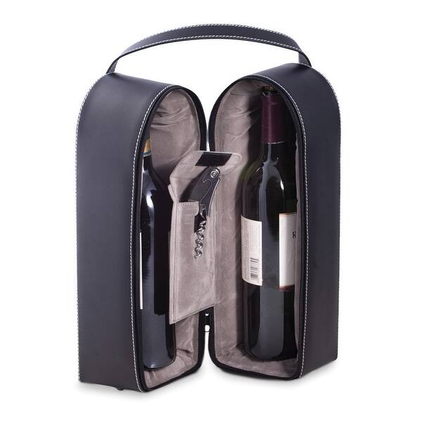 Curata Black Leather Wine Caddy For Two Bottles with Bar Tool - Bed ...
