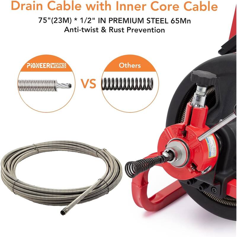 Drain Cleaner Machine, Professional for 2 to 4 Inch Pipes - 75FT X 1/2 ...