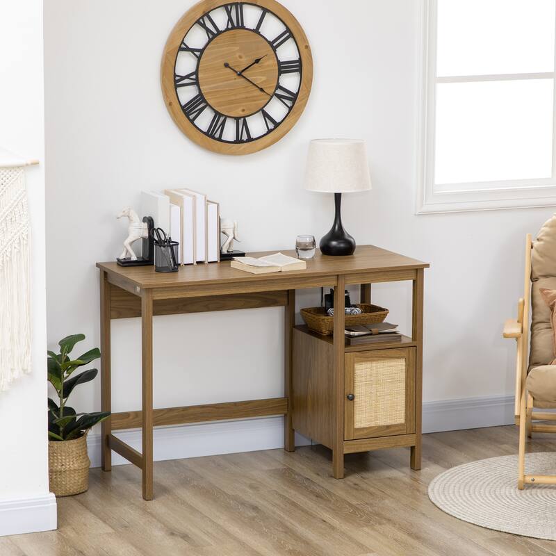 Writing Desk Home Office Desk,Space Saving Small Computer Desk with Storage Shelf And Rattan ...