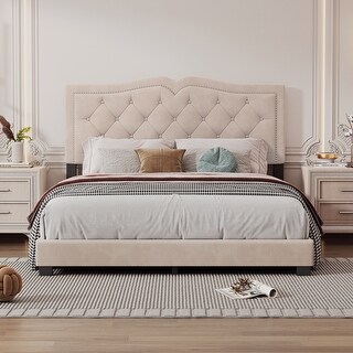 Velvet Wingback Bed Edge Rivets Tufted Heart Rate Headboard Beige Queen ...