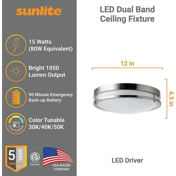 Sunlite 12 in. Brushed Nickel Selectable LED CCT Tunable Round Dimmable ...