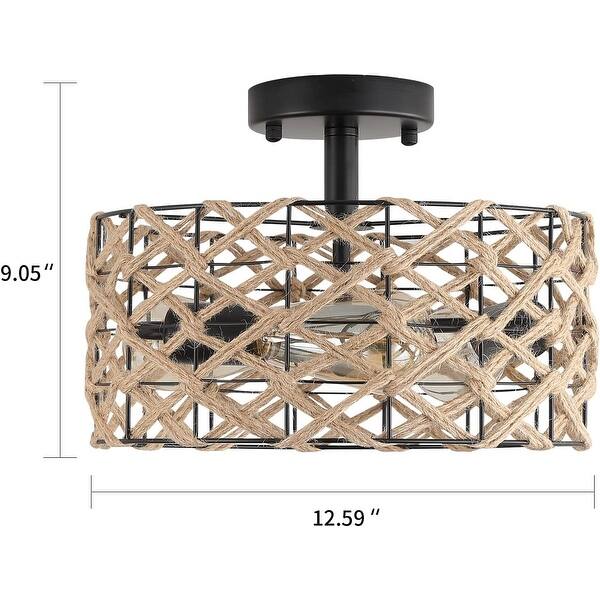3 light rust flush mount light fixture industrial hemp rope cage semi ...