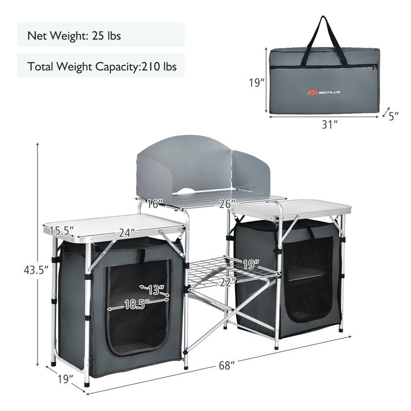 Outdoor Camping Table with Storage and Windshield for Stoves - 68" x19 ...