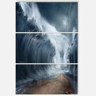 Designart - Waves over the Parted Sea Path - Large Seashore Glossy ...