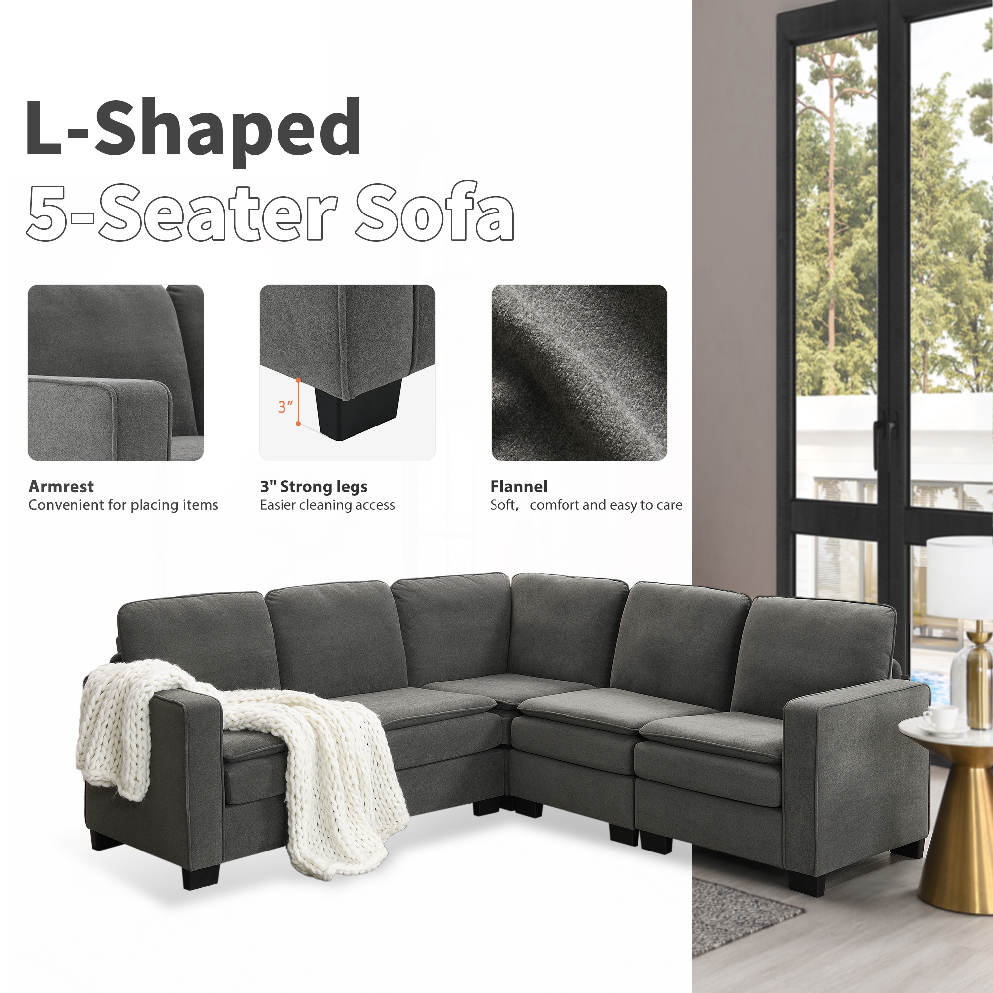Oversized 89 89 Velvet Corner Couch with Double Cushions Gray L Shaped 5 Seat Upholstered Sectional Sofa for Livingroom Bed Bath Beyond 41368485