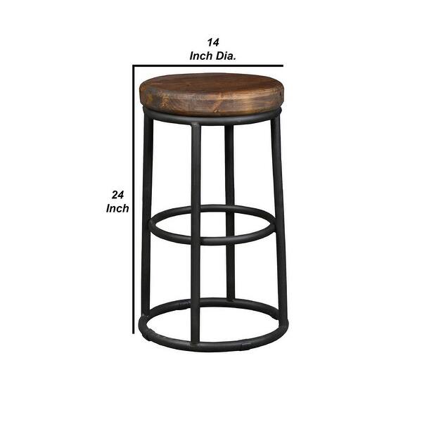 Ken 24 Inch Backless Round Counter Stool, Pine Wood Seat, Brown, Black ...