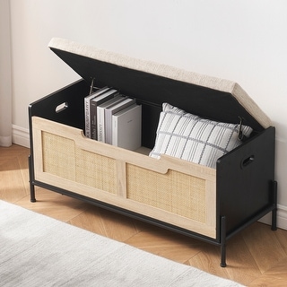 Rattan Storage Bench with Seat Cushion and 2 Safety Hinges - Bed Bath ...