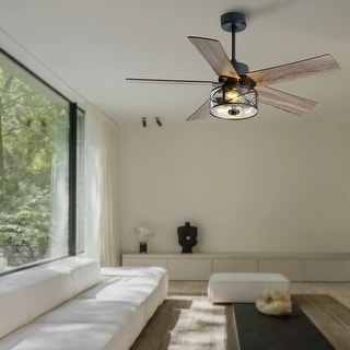 5-Blade Industrial Plywood Ceiling Fan with Remote - Black/Wood - Bed ...