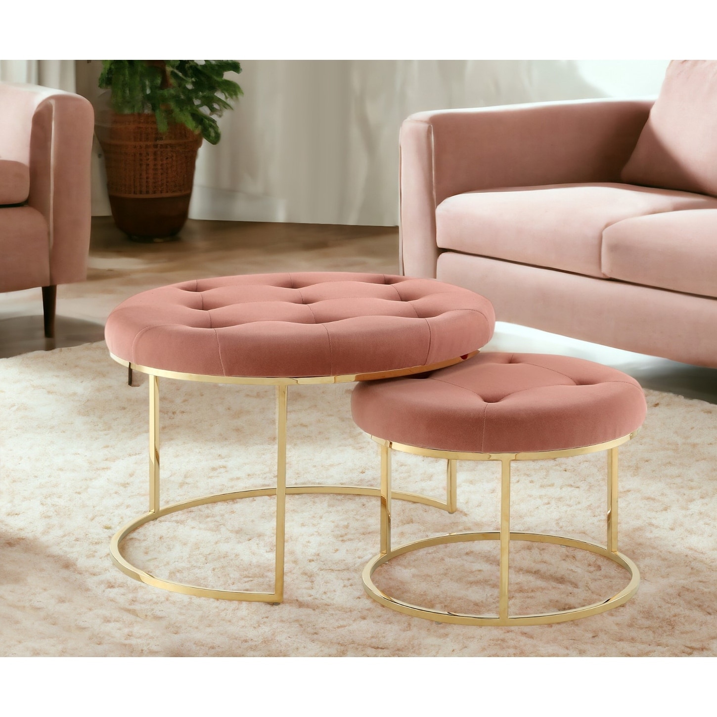 Set of Two Blush Velvet and Gold Tufted Round Ottoman 28 x 18 x 28