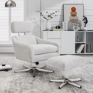 Beige Linen 360°Rotation Function Swivel Armchair With Ottoman, - Bed ...