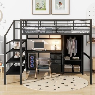Metal Full Heavy Duty High Loft Bed w/Desk Storage Staircase&Wardrobe ...