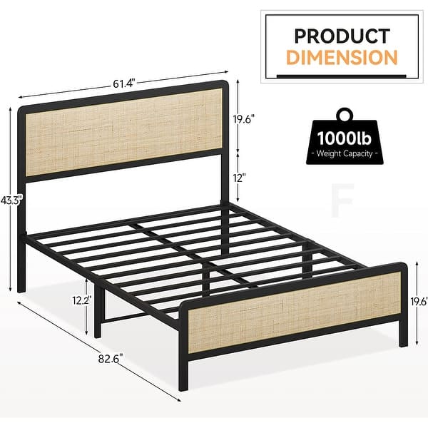 Black Metal Frame Platform Bed with Rattan Headboard and Footboard and ...