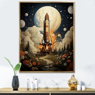 Designart "Vintage Impressionist Cosmic Rocket Ship Voyage " Rocketship ...