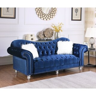Titanic Furniture Mariann Button Tufted Blue Velvet Sofa with Nailheads ...