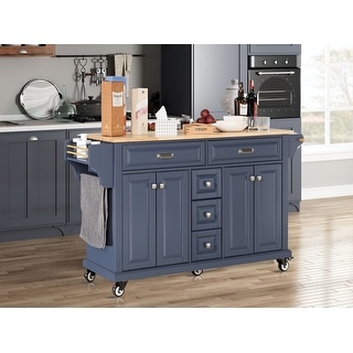 Blue Kitchen Cart with Rubber Wood Countertop, 5 Wheels, Storage ...