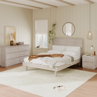3 Pieces Modern Concise Style Bedroom Set Solid Wood Grain Platform ...
