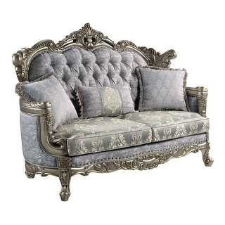 ACME Miliani Button Tufted Loveseat with 3 Pillows in Blue and Antique ...