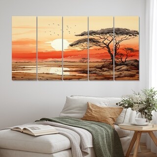 Designart "Orange Yellow African Landscape" African Wall Art Prints Set ...