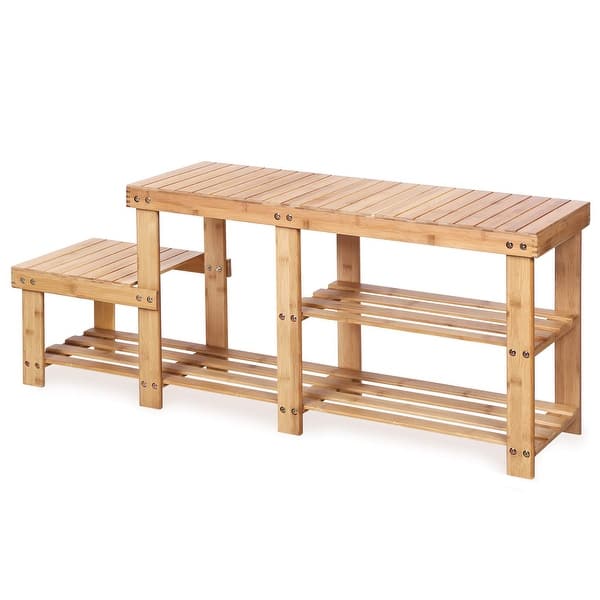 2-Tier Shoe Rack Bench Entryway Storage Shelf with High and Low Levels ...