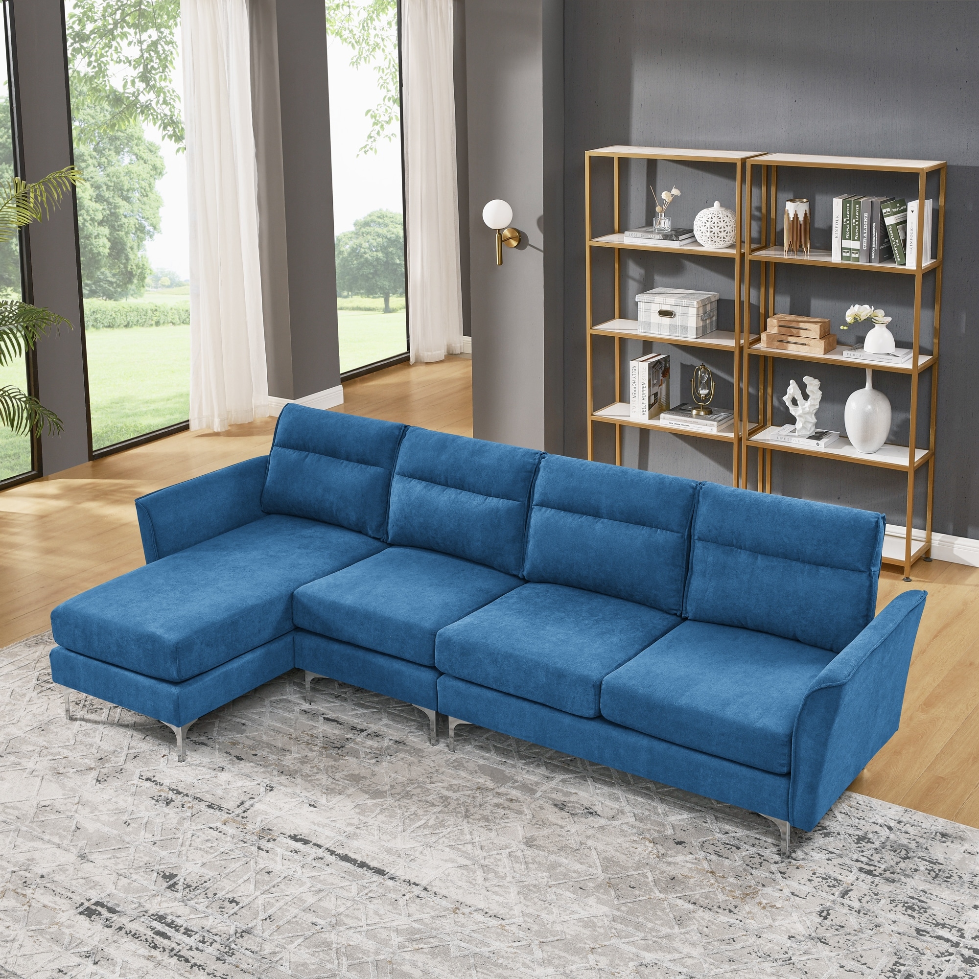 Navy Blue 5 Seat Soft Linen Fabric Upholstered Modern Minimalist Couch 5 Seater Sofa