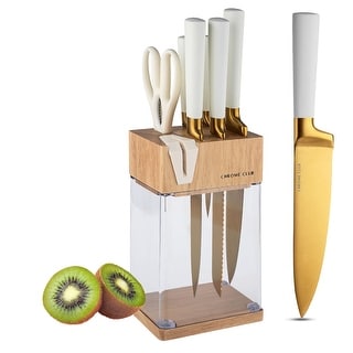 Stainless Steel White and Gold Knife Set with Block, 7 Piece Kitchen ...