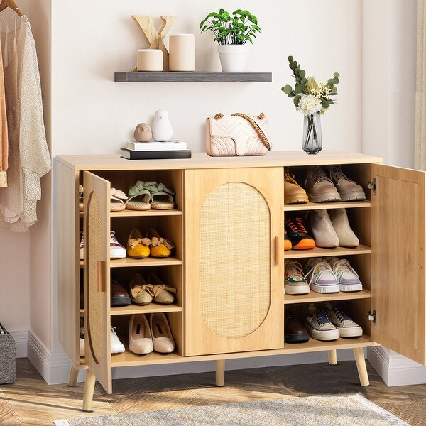 Modern Rattan Shoe Storage Cabinet with Double Doors and Adjustable Shelves Accent Cabinet for Living Room Bedroom Hallway On Sale Bed Bath Beyond 37921072