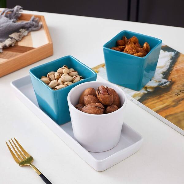 4-Piece Ceramic Tray with Three compartment serving Bowl Dishes - Bed ...