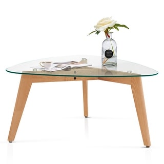 Ivinta Triangle Glass Coffee Table with Solid Rubber Wood Legs ...