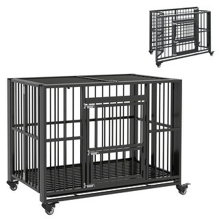 Durable 43" Dog Cage with Locking Wheels, Double Door & Tray, Heavy ...