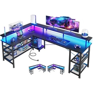 66 Inch L-Shaped Gaming Desk with LED Lights, Power Outlet, Storage ...