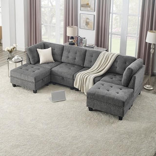 Grey Chenille 6-Piece U-Shape Modular Sectional Sofa with Bonus Storage - Bed Bath & Beyond ...