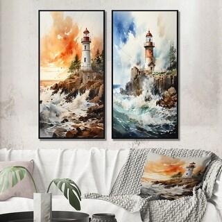 Designart "Vintage Lighthouses Guiding Light" Lighthouses Framed Wall ...