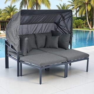 3-Piece Outdoor Patio Metal Daybed Sunbed with Retractable Canopy and ...
