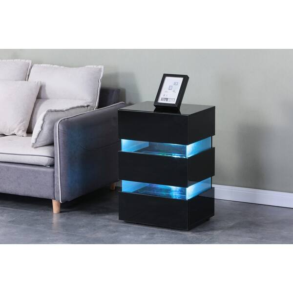 High Gloss Bed Led Side Table with 3 Drawers Modern Technology ...